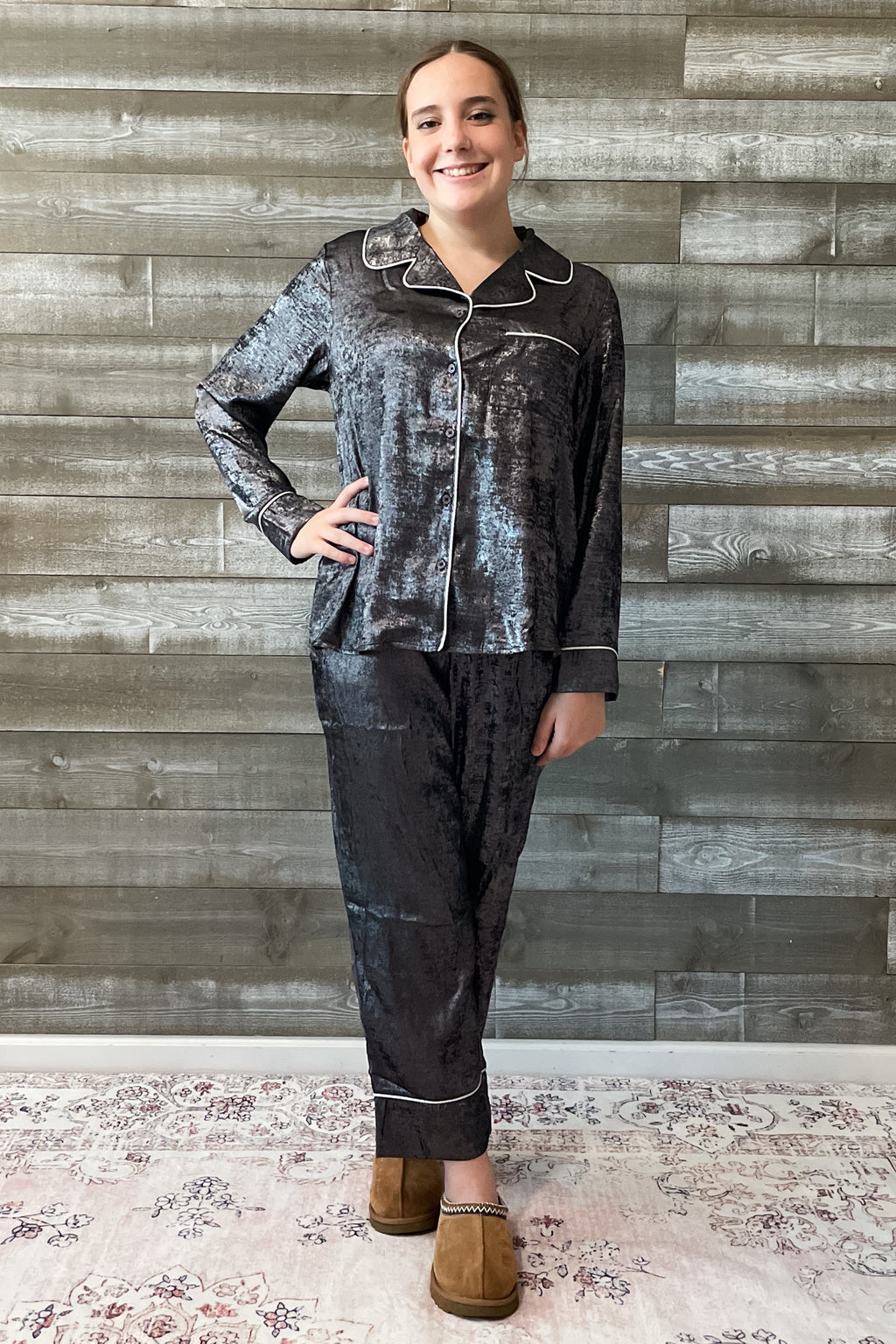 jodifl silver metallic pajama sleepwear set matching top and bottoms ...