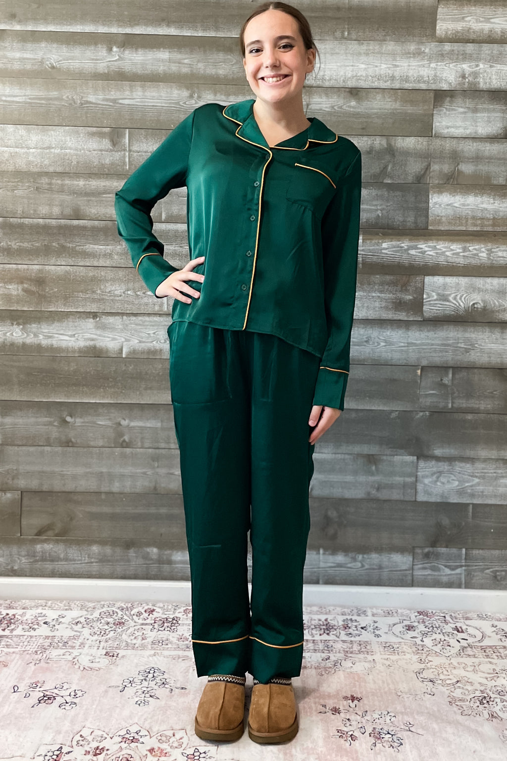 jodifl hunter green and gold trim satiny womens pajama set – rivers ...
